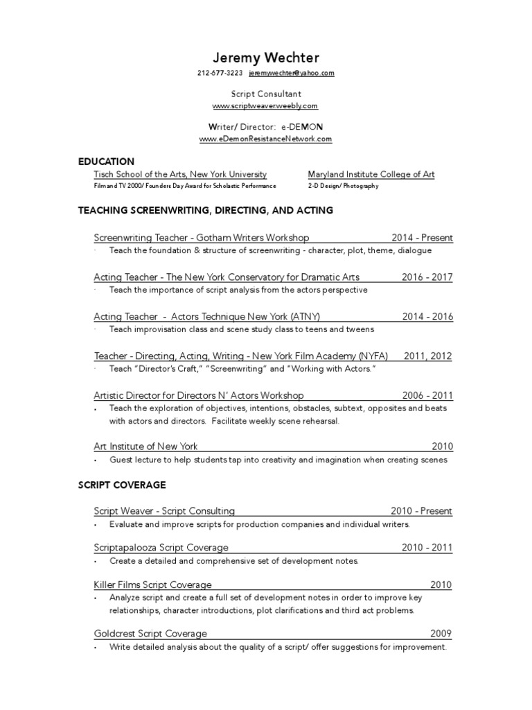 Jeremy Wechter CV | PDF | Screenwriting | Film Director