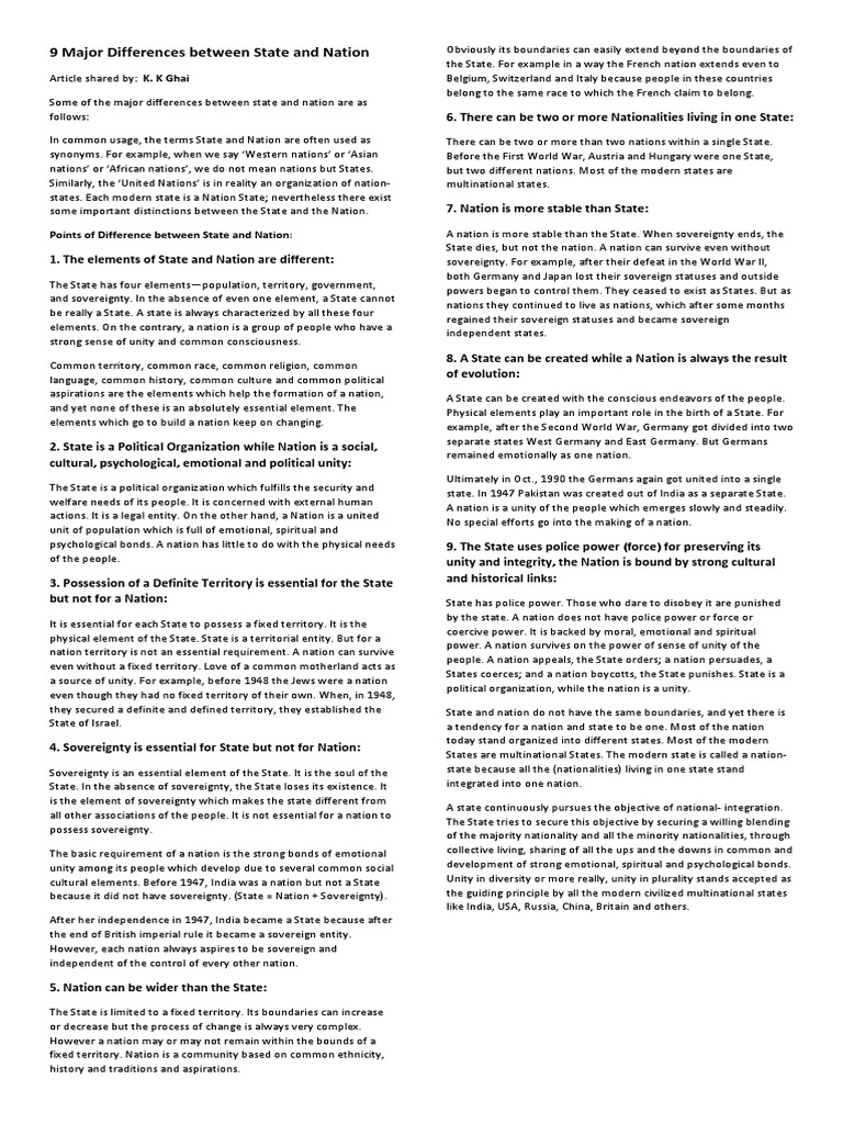 9 Major Differences Between State and Nation | PDF | Nation State | Nation