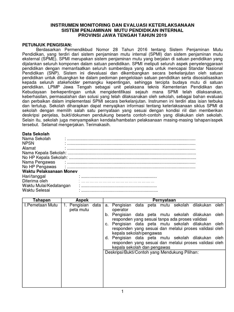 Instrumen Monev Keterlaksanaan SPMI Bagi Sekolah Model Tahun 2019 | PDF