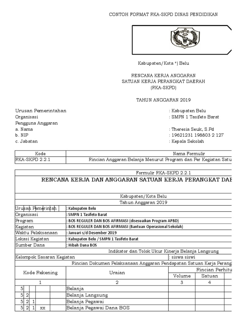 Draft Lampiran Rkas Rka Dpa SKPD - Permen Bos | PDF