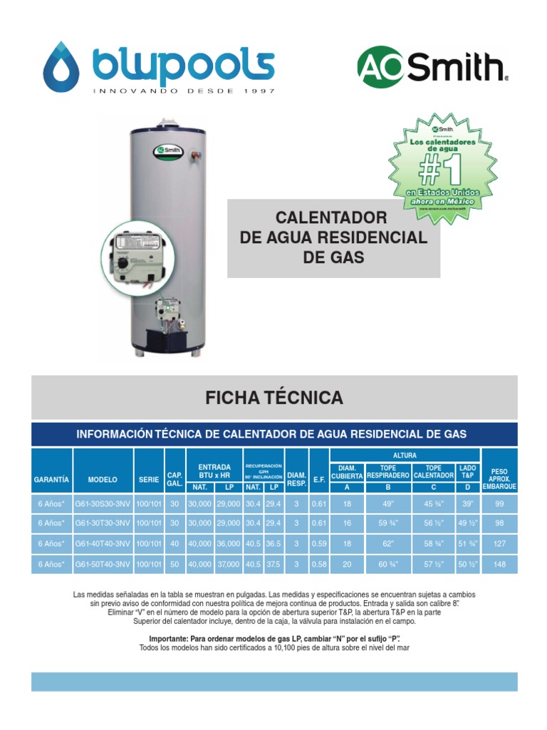 Ficha Tecnica Calentador de Agua Residencial GLP | PDF | Caldera | Tecnología energética