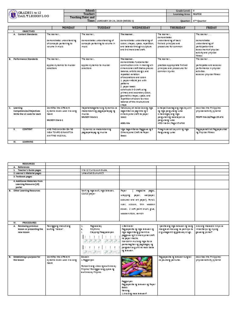 Grade 5 DLL MAPEH 5 Q4 Week 1 | PDF