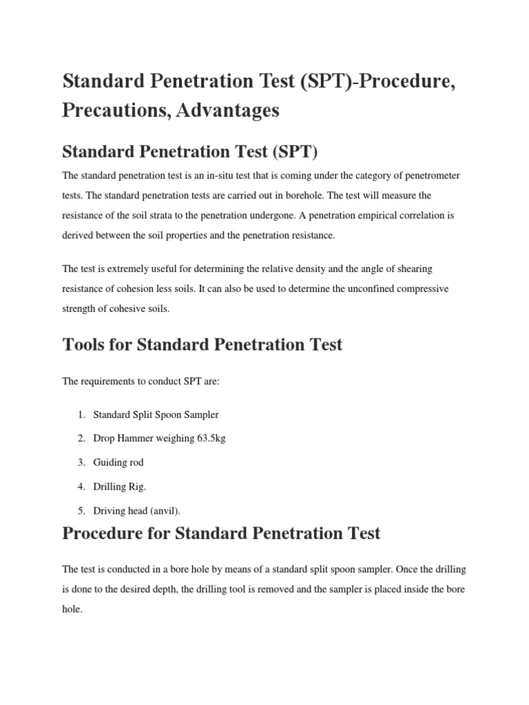 Standard Penetration Test Procedure | PDF | Infrastructure | Earth Sciences