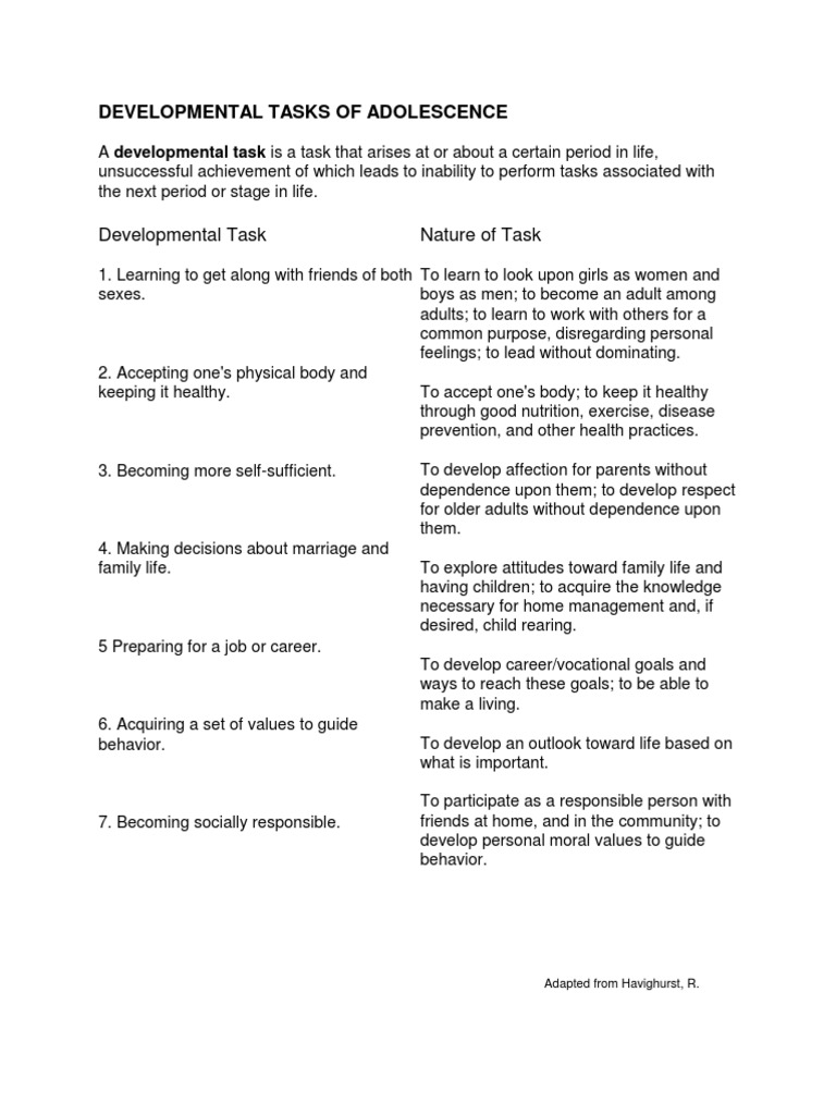 ADOLESCENT DEVELOPMENTAL TASKS | PDF | Adolescence | Interpersonal Relationships