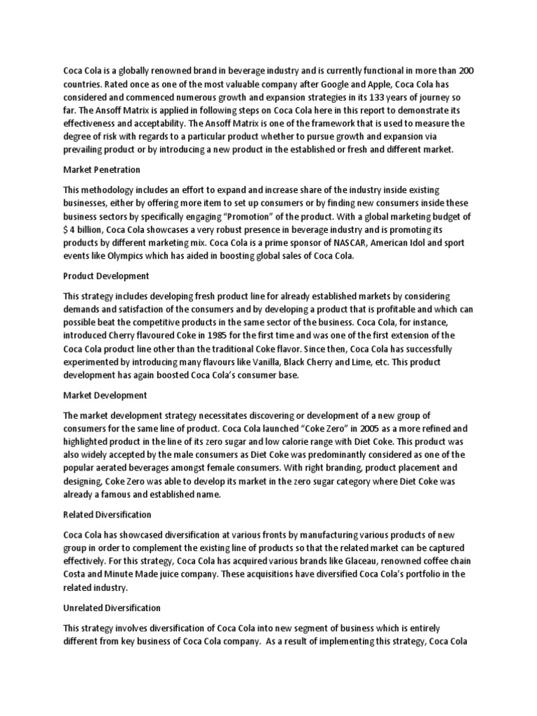 Ansoff Matrix - Coca Cola | PDF | Coca Cola | Cola