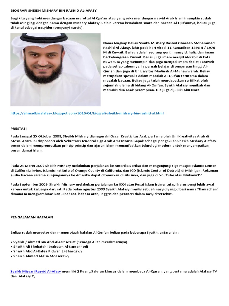Biografi Sheikh Mishary Bin Rashid Al | PDF