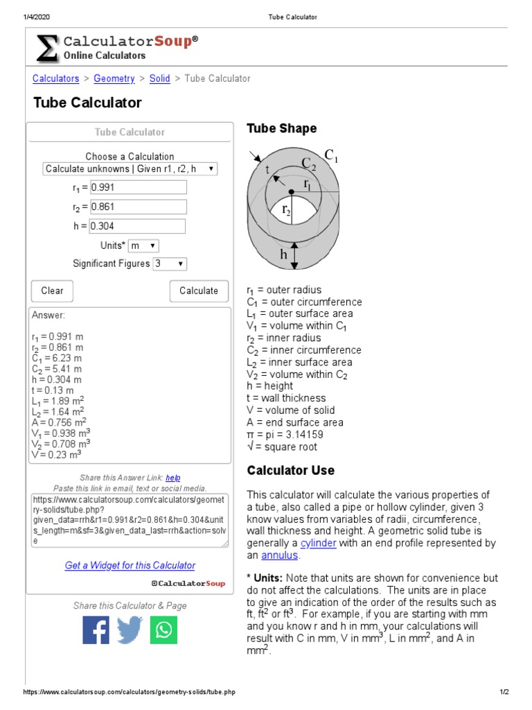 Tube Calculator | PDF | Area | Volume
