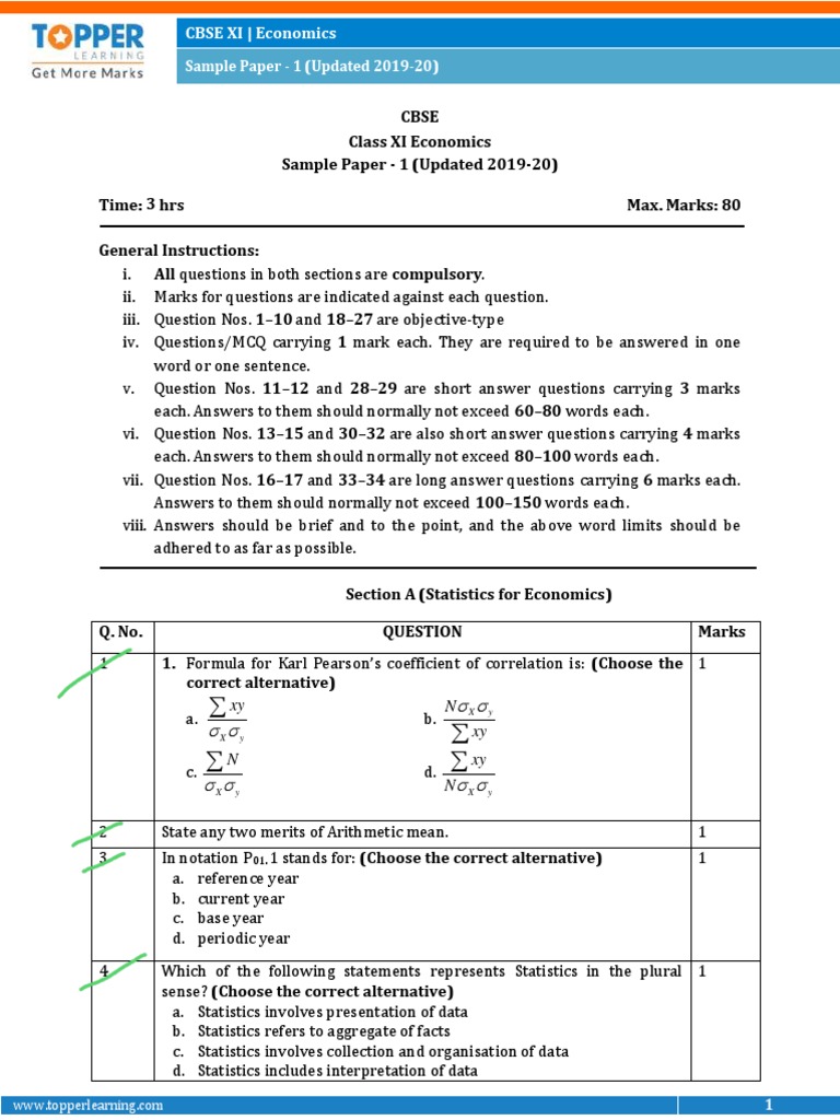 Class 11 Economics Sample Paper 2020 | PDF | Demand | Supply And Demand