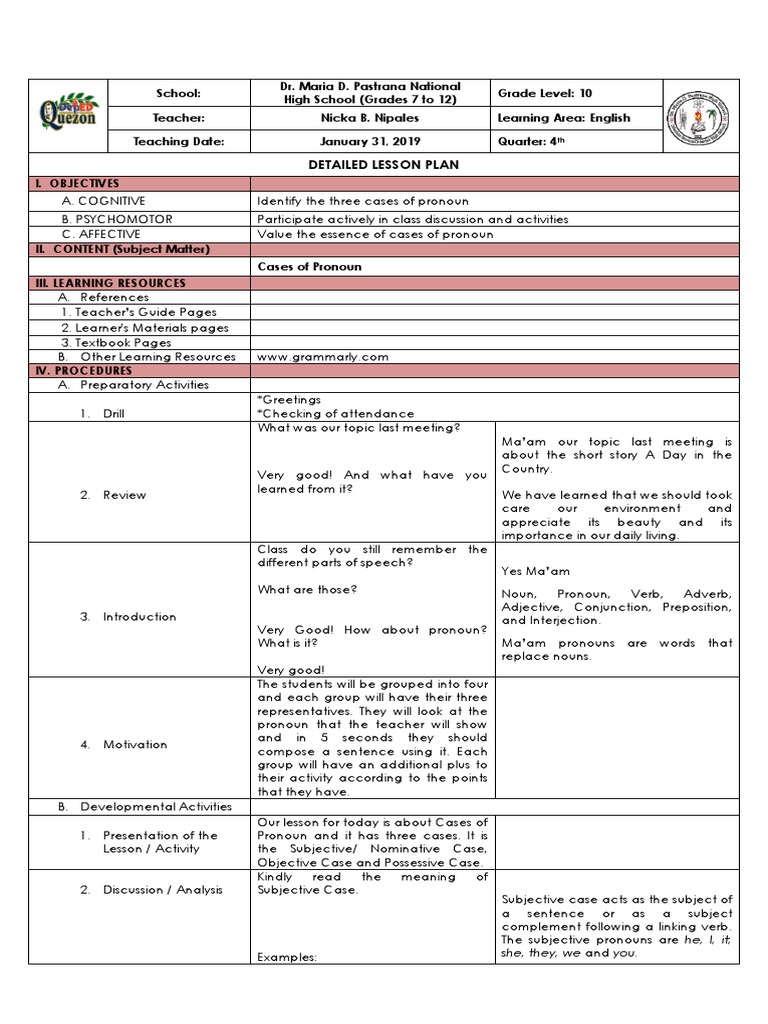 DLP10 Cases of Pronoun | PDF | Object (Grammar) | Semantic Units