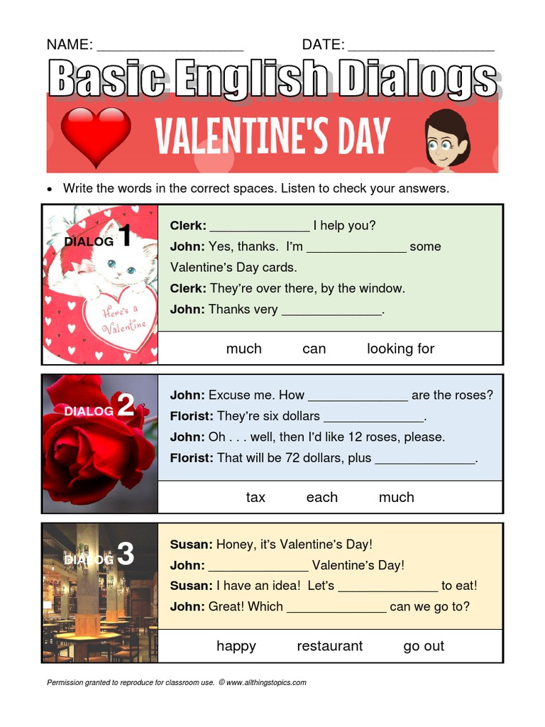 Basic English Dialogs Valentines Day | PDF | Behavior Modification | Human Communication