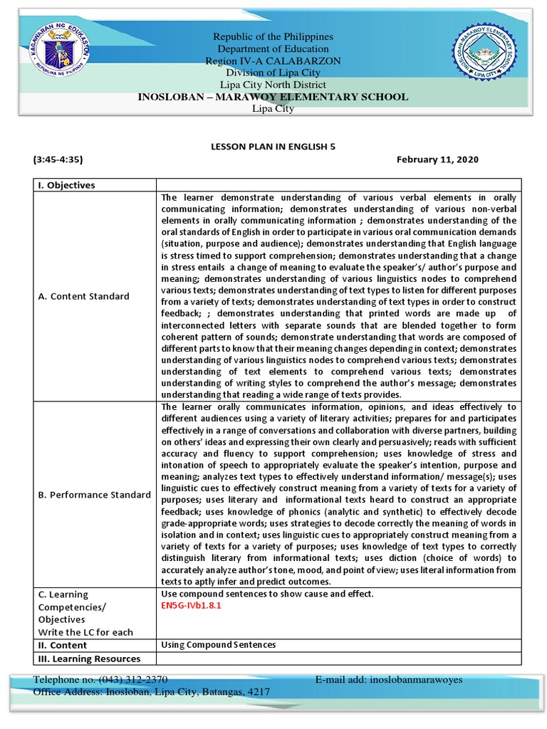 4th Cot Plan About Compound Sentence Showing Cause and Effect | PDF | Reading Comprehension ...