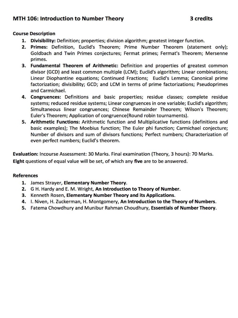 Introduction To Number Theory Syllabus | PDF