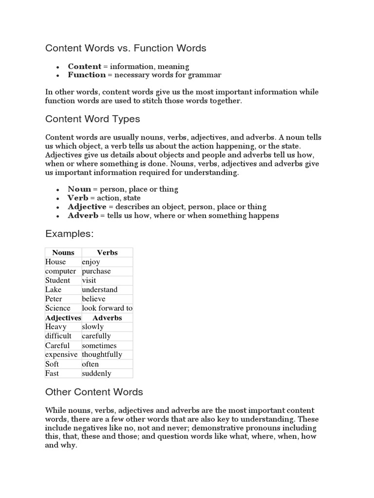 Content Words Vs Function Words | PDF | Adverb | Verb