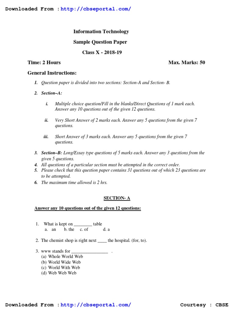 Class 10 IT Sample Question Paper 2018-19 | PDF | World Wide Web ...