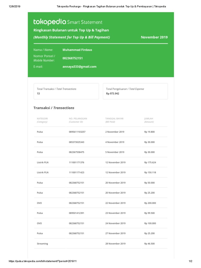 Tokopedia Recharge - Ringkasan Tagihan Bulanan Produk Top-Up ...