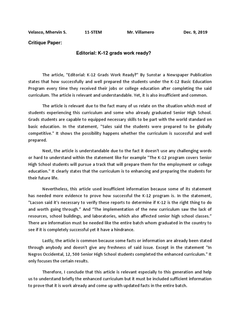 Velasco Mhervin Critique Paper 2 | PDF | Curriculum | Employment