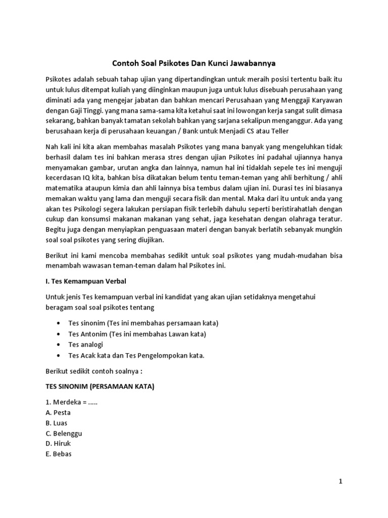 Contoh Soal Psikotes Dan Kunci Jawabannya Pdf