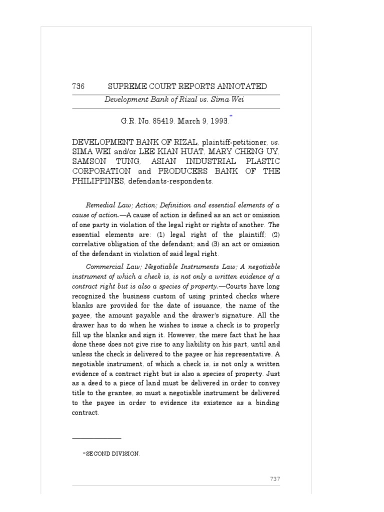 Development Bank of Rizal vs. Sima Wei | PDF | Negotiable Instrument ...