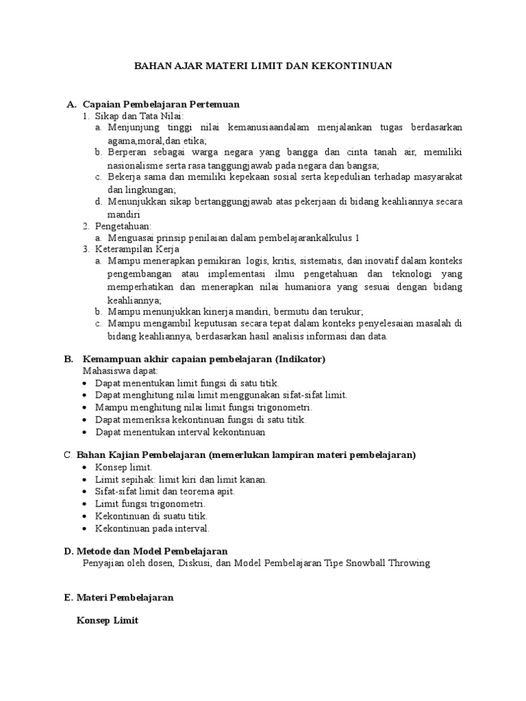 Bahan Ajar Materi Limit Dan Kekontinuan | PDF | Metode & Bahan Ajar ...