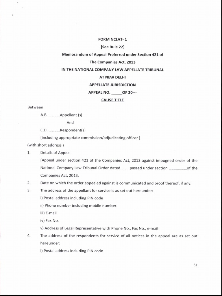 Format NCLAT Appeal | PDF | Interlocutory Appeal | Appeal