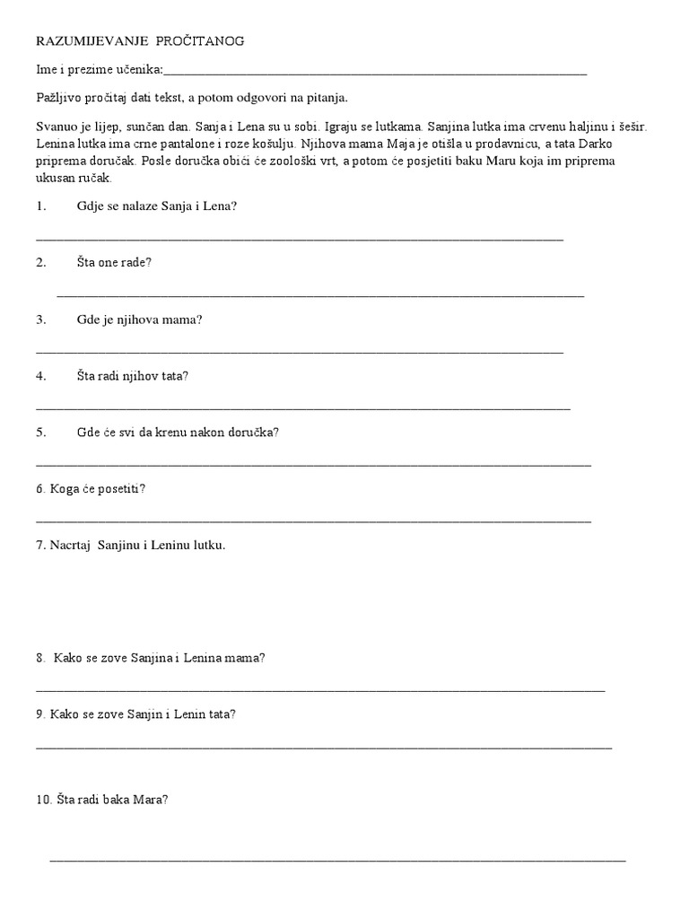 Razumijevanje Pročitanog | PDF