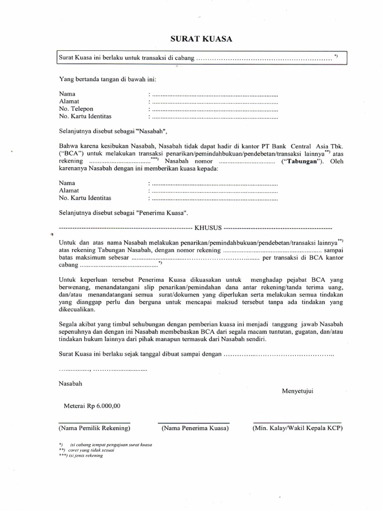 Formulir Surat Kuasa Bca | PDF