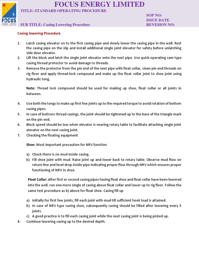 Casing Lowering Procedure | PDF | Elevator | Pipe (Fluid Conveyance)