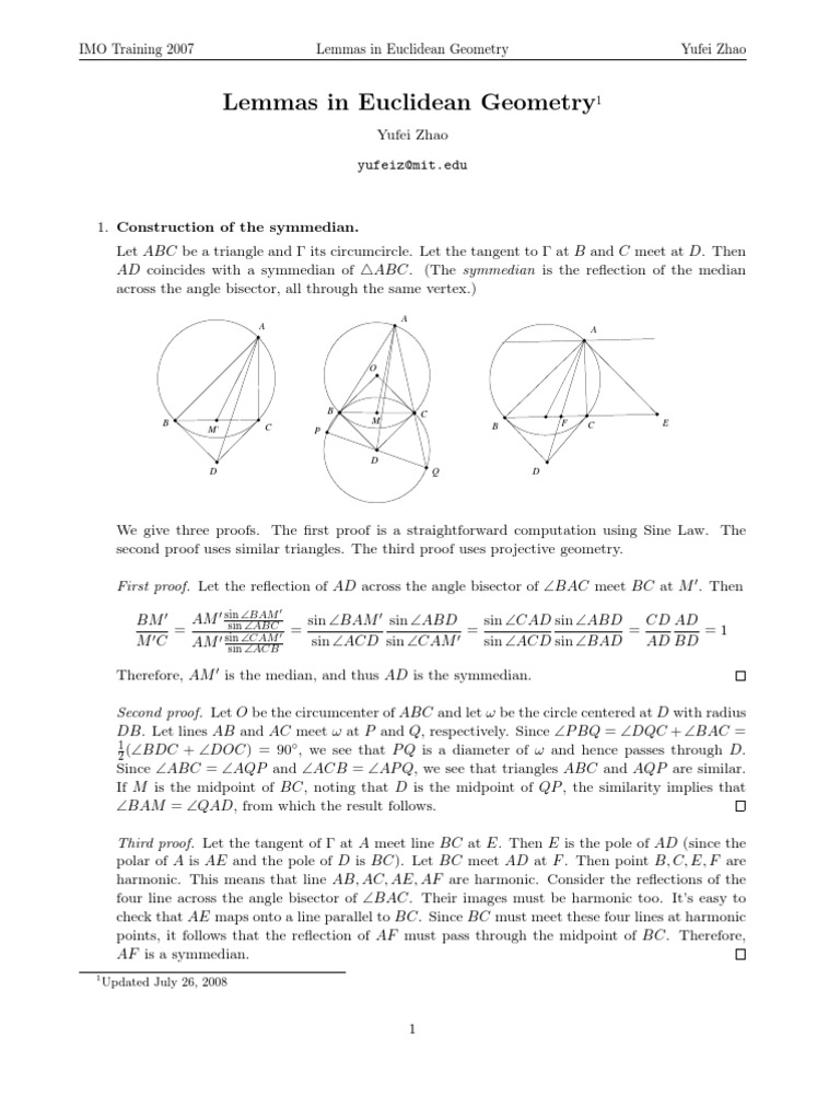 Lemmas in Euclidean Geometry: Construction of the symmedian and ...