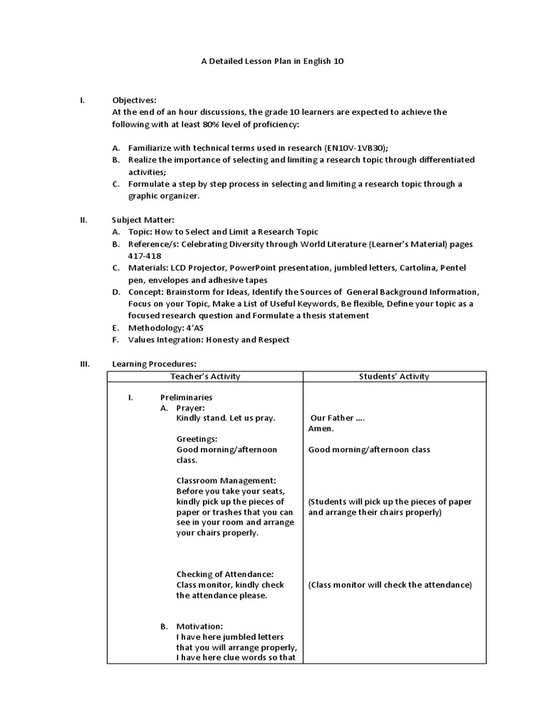 A Detailed Lesson Plan in English 10 (How To Select and Limit A ...
