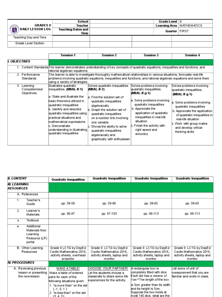 Solving Quadratic Inequalities: A Daily Lesson Plan for Grade 9 ...