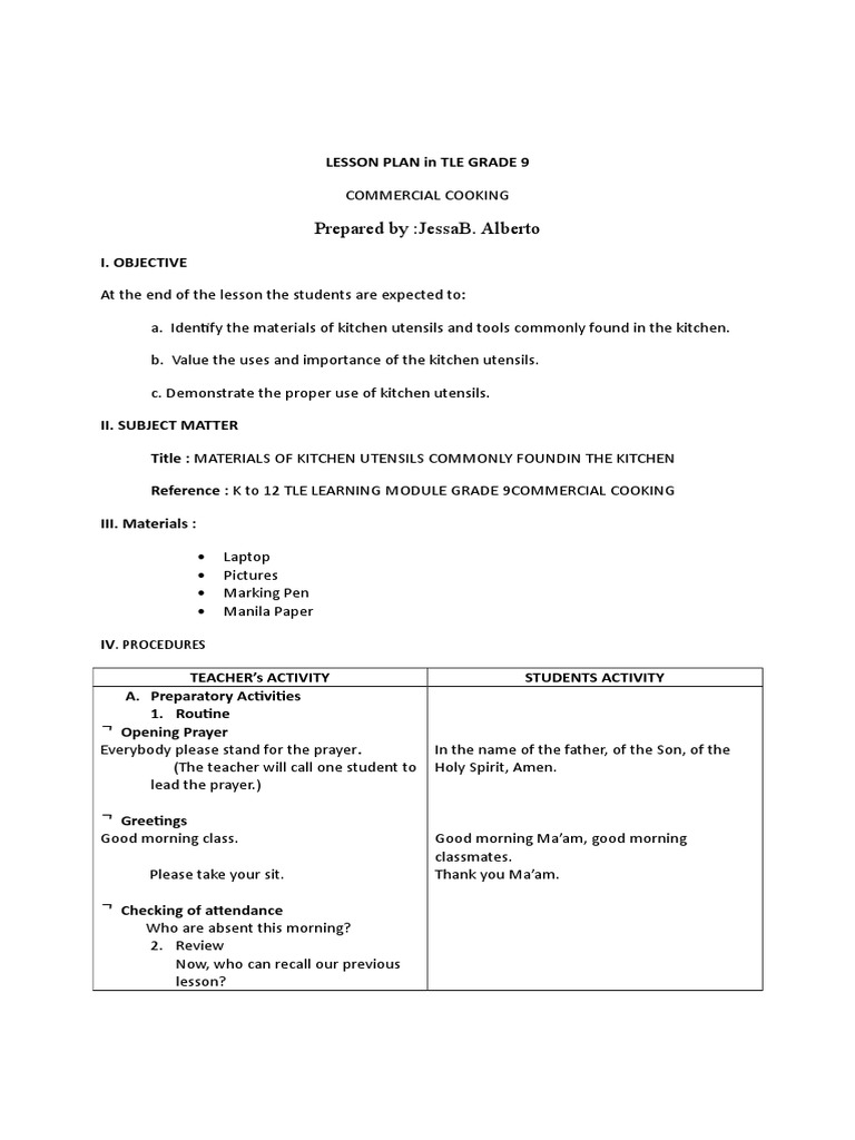 LESSON PLAN in TLE GRADE 9 | PDF | Kitchen Utensil | Cookware And Bakeware
