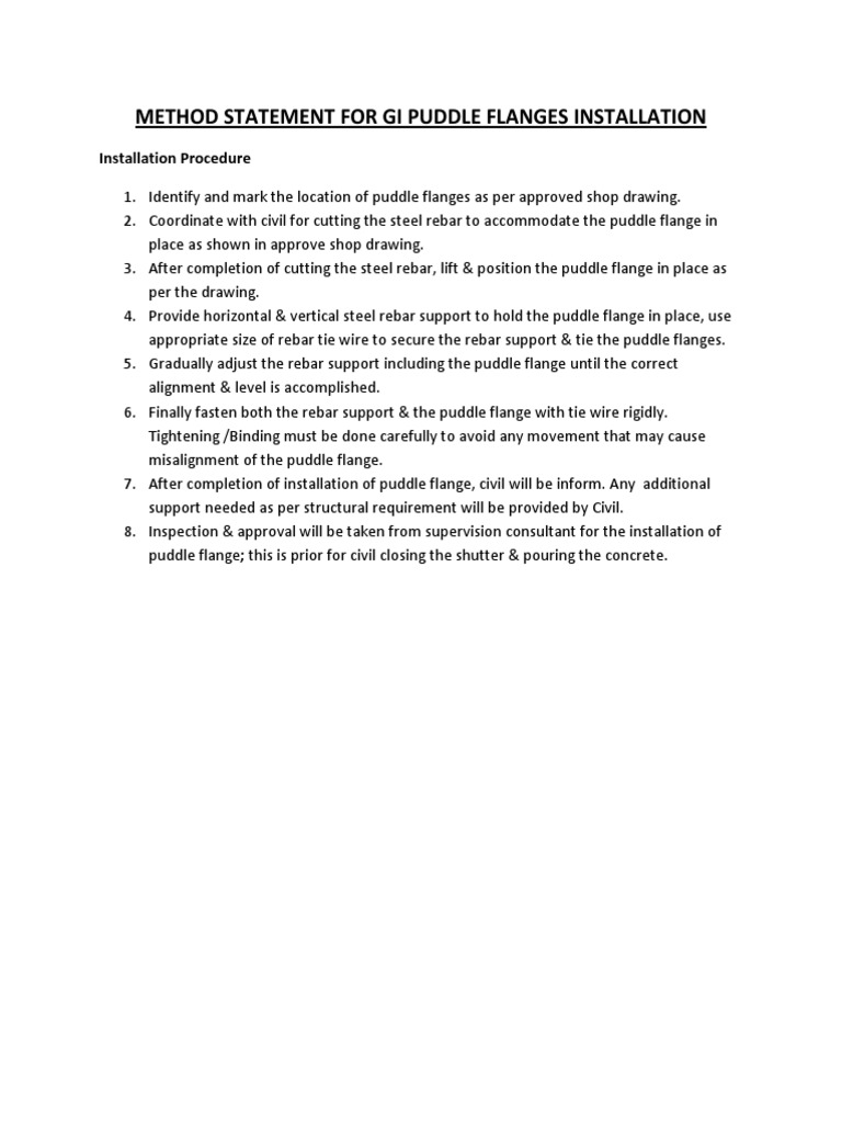 Method Statement For Gi Puddle Flanges Installation | PDF