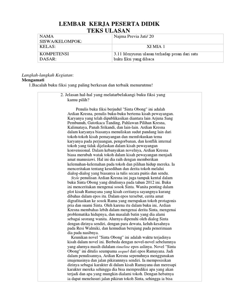 Analisis Novel Sinta Obong | PDF