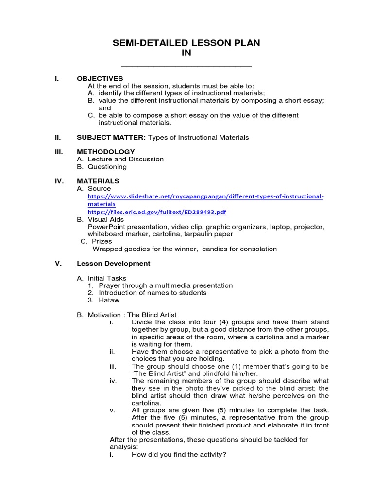 TYPES OF IMs Semi Detailed Lesson Plan | PDF | Lesson Plan | Learning