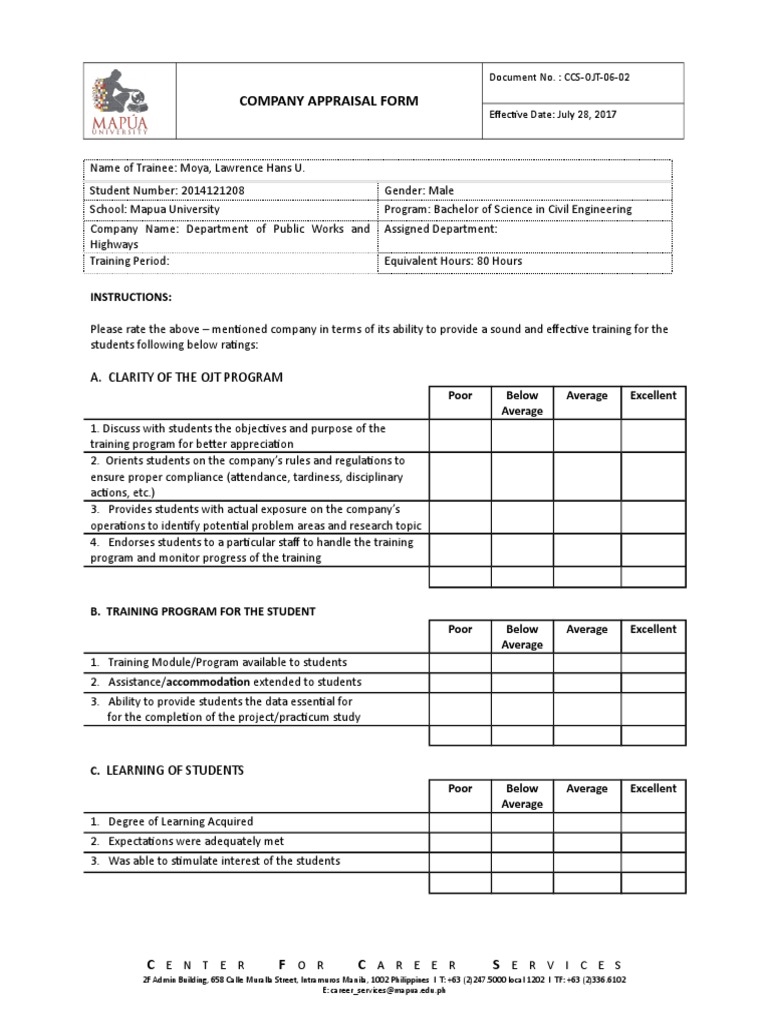 CCS OJT 06 02 Company Appraisal Form - Doc1 | PDF | Computing And ...