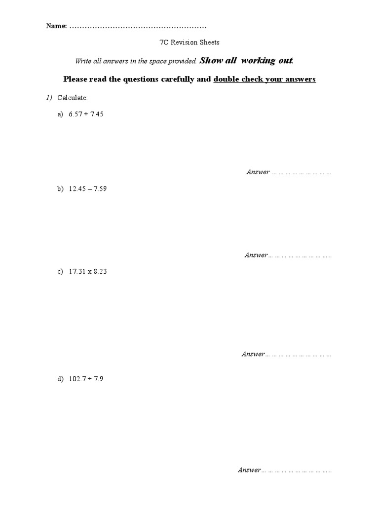 Maths Year 7 Practice Paper | PDF | Elementary Mathematics | Teaching ...