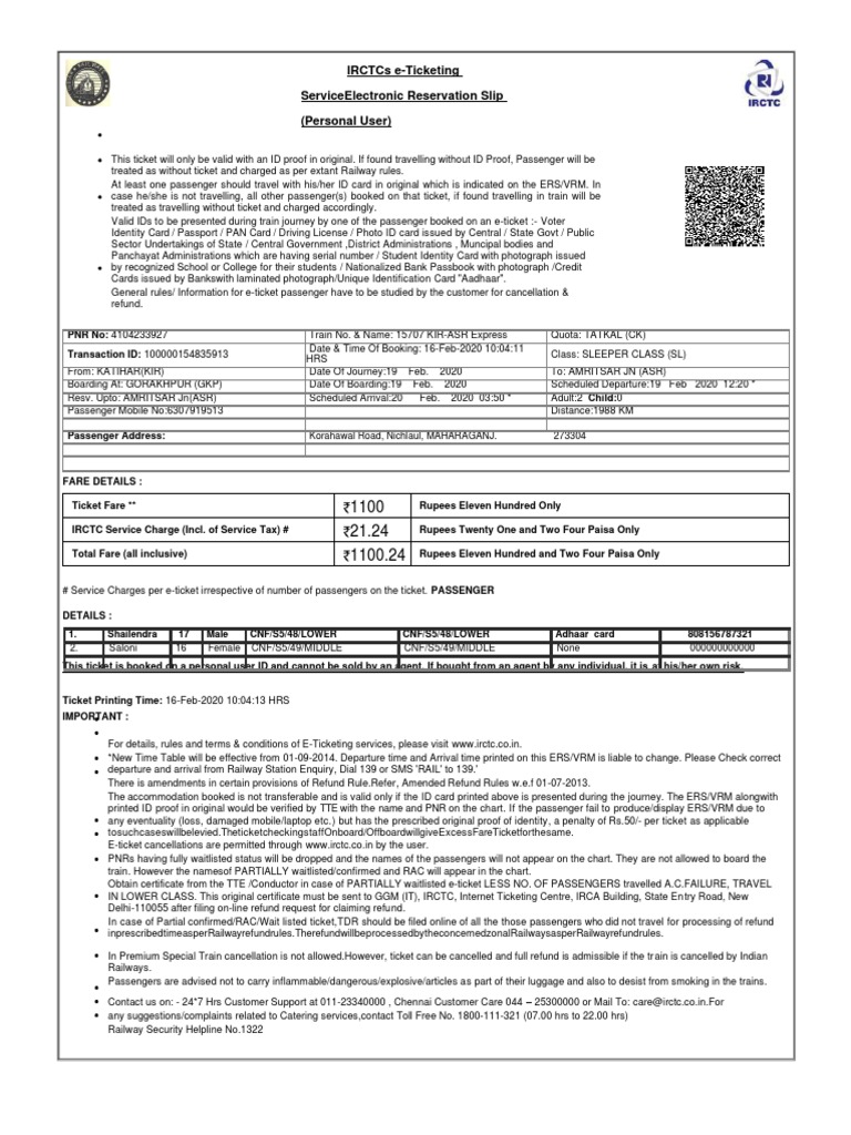 IRCTC e-Ticket Instructions | PDF | Identity Document | Government And ...