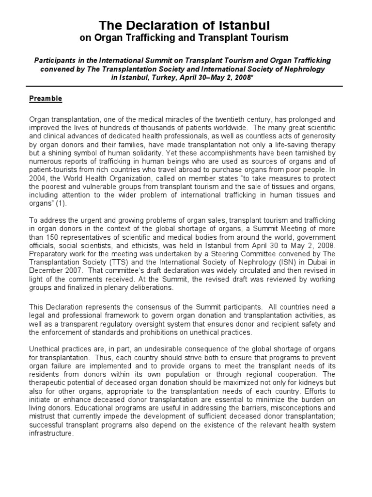 Istanbul Declaration on Organ Trafficking | PDF | Organ Donation ...