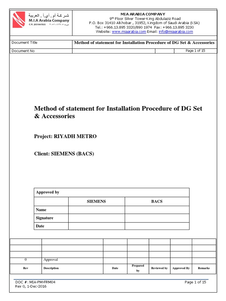Method of Statement For Installation Procedure of DG Set | PDF | Crane ...