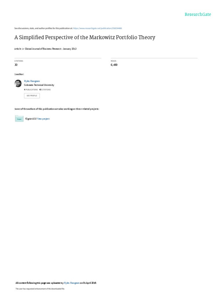 Simplified Perspective of Markowitz Portfolio Theory | PDF ...