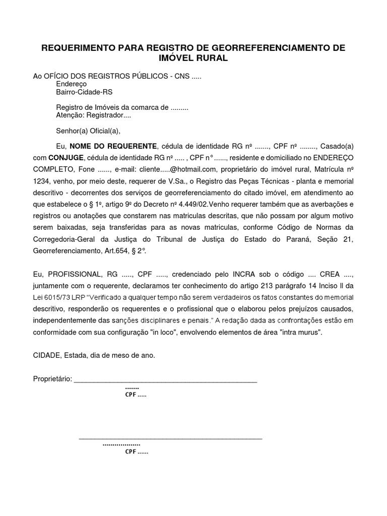 Modelo de Requerimento para Registro de Georreferenciamento de Imóvel Rural | PDF | Direito