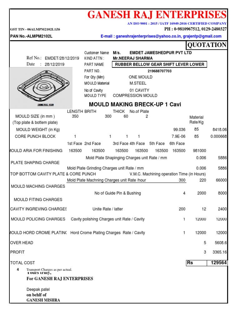 Injection Mould Quotation Example | PDF | Mechanical Engineering | Metals