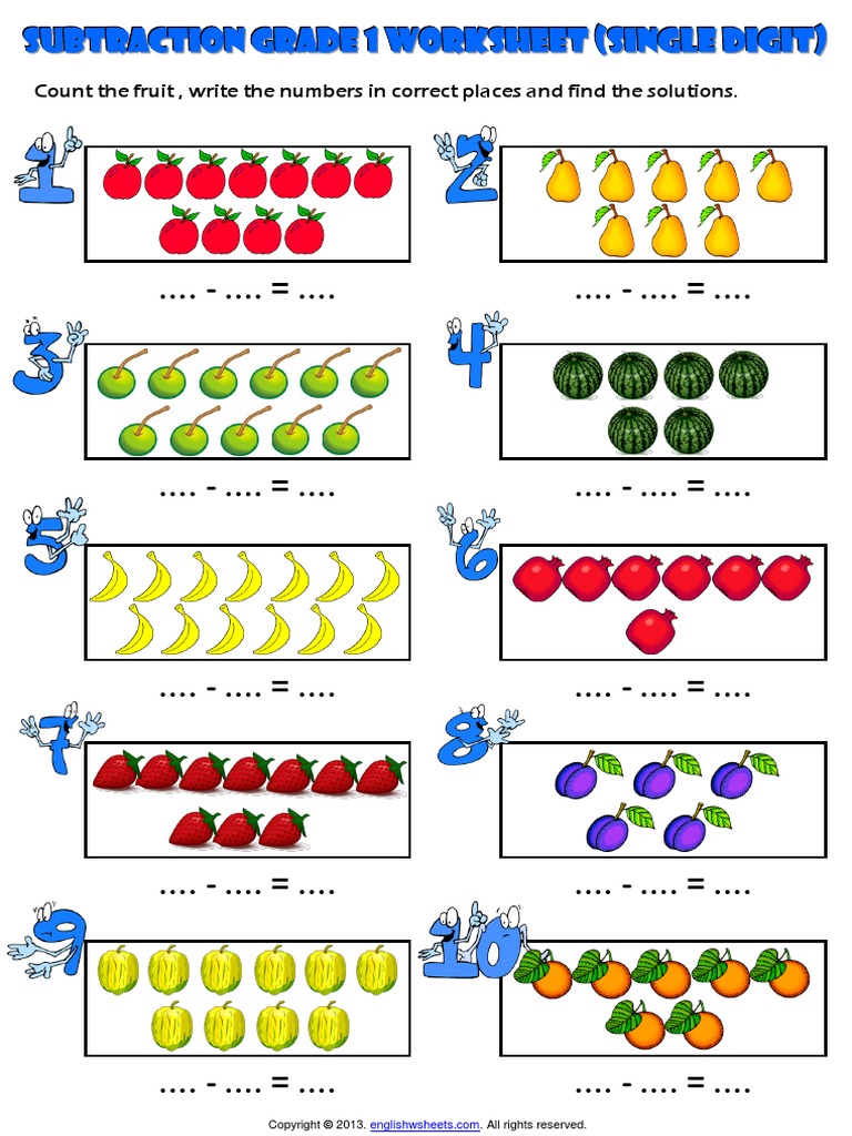 Subtraction Grade 1 Single Digit Fill in The Blanks Exercises Worksheet ...