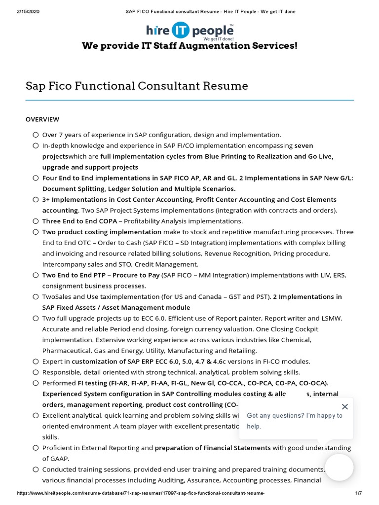 SAP FICO Functional Consultant Resume - Hire IT People - We Get IT Done | PDF | Accounts Payable ...