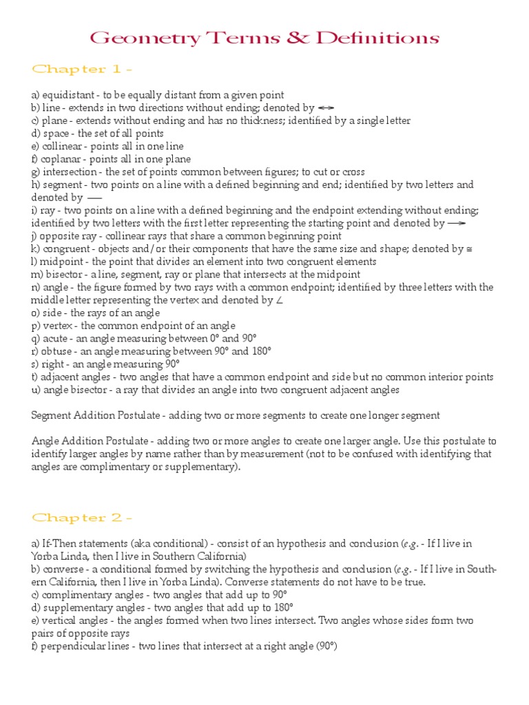 Geometry Terms and Definitions Guide | PDF | Angle | Line (Geometry)