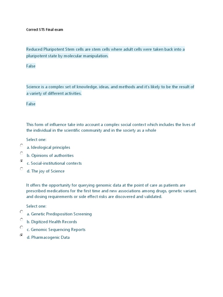 Correct STS Final Exam | PDF | Messenger Rna | Bioethics