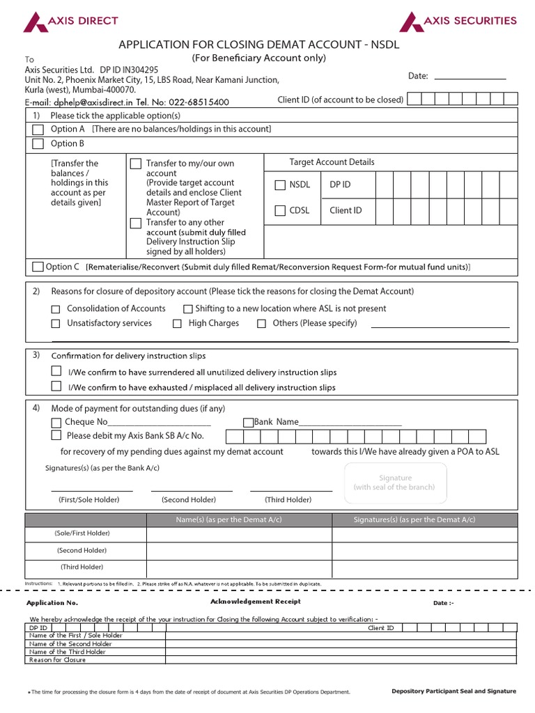 Axis Bank Demat Account Closure Form | PDF | Financial Services | Banking