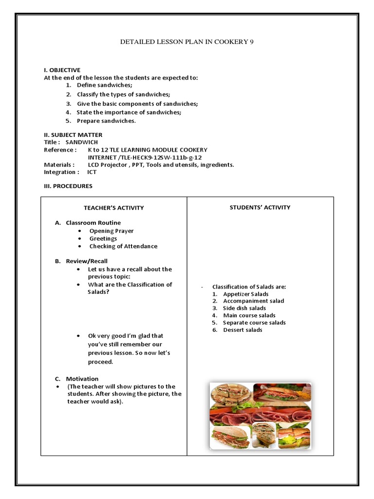 Detailed Lesson Plan in Cookery | PDF | Sandwich | Fast Food
