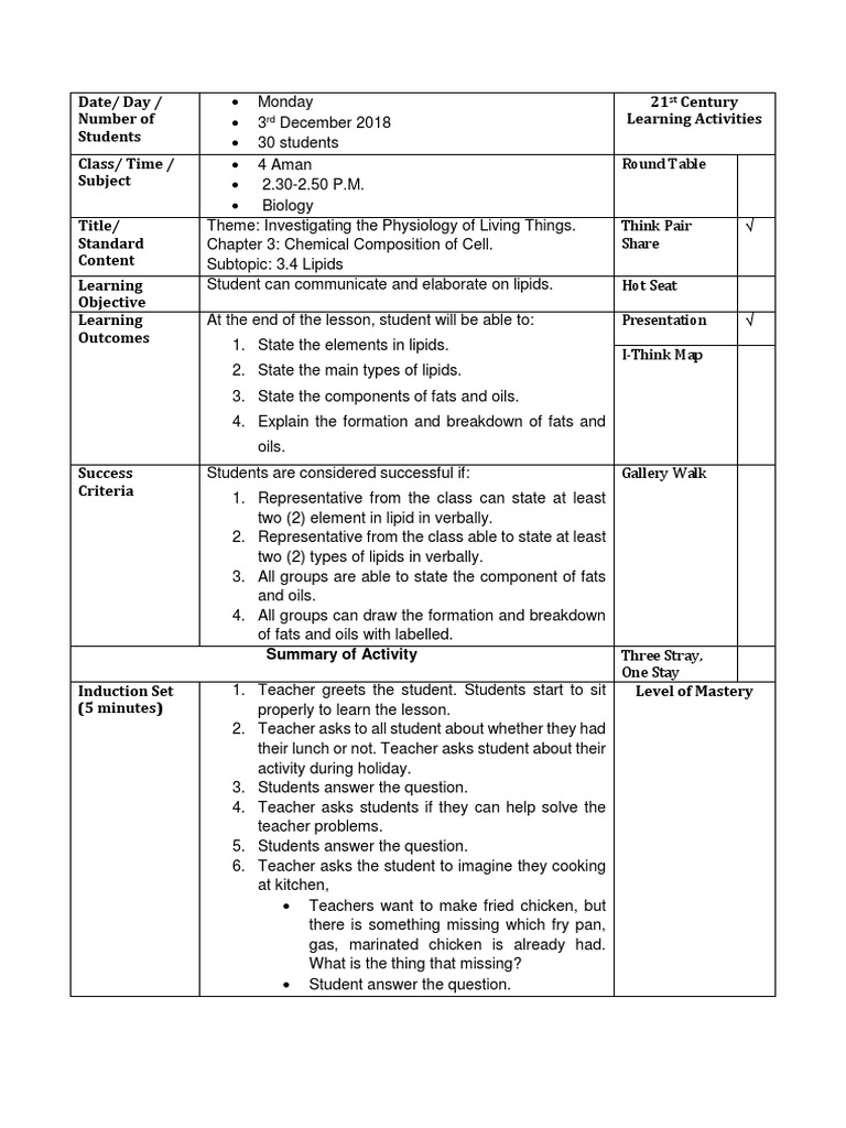 Lesson Plan Lipid | PDF | Lipid | Fat