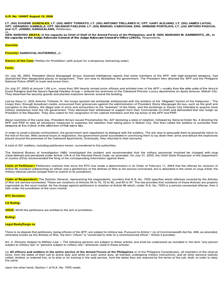Gambala Oakwood Mutiny Case Summary | PDF | Military Justice | Court ...